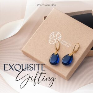 Blue Amber Earrings for Women - Yellow Gold Plated Silver Closure, Polished Drop Amber, 1.69x0.59inch 0.19oz Lightweight Semi Precious Stone, Dainty Jewelry for Ladies - Amber by Mazukna