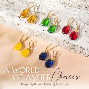 Blue Amber Earrings for Women - Yellow Gold Plated Silver Closure, Polished Drop Amber, 1.69x0.59inch 0.19oz Lightweight Semi Precious Stone, Dainty Jewelry for Ladies - Amber by Mazukna