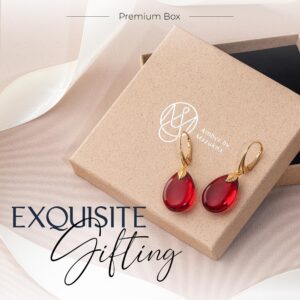 Amber by Mazukna - Cherry Red Amber Earrings for Women - Yellow Gold Plated Silver Leverback Closure - 1.69x0.59inch 0.19oz- Dainty Natural Gemstone Drop Jewelry