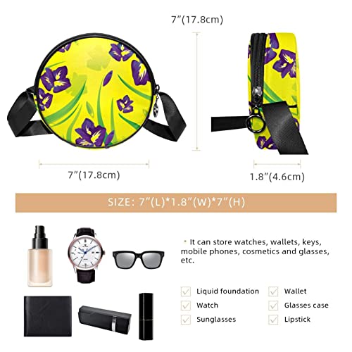 Purple Iris Flower with Yellow Background Crossbody Bag for Women Teen Girls Round Canvas Shoulder Bag Purse Tote Handbag Bag