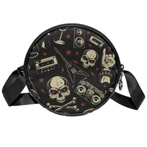 skulls rock pattern retro crossbody bag for women teen girls round canvas shoulder bag purse tote handbag bag