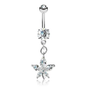 flower petal cz dangle belly button navel rings - clear