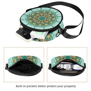 Mandala Boho Green Floral Crossbody Bag for Women Teen Girls Round Canvas Shoulder Bag Purse Tote Handbag Bag