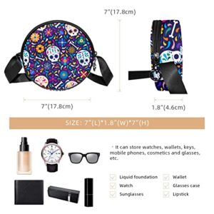 Skull Design Crossbody Bag for Women Teen Girls Round Canvas Shoulder Bag Purse Tote Handbag Bag