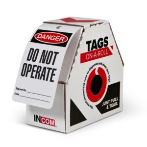 incom manufacturing lockout tags on a roll, danger do not operate, heavy-duty polytag stock, waterproof and tear-resistant, red/black on white, 6.25 inch x 3 inch x 10 mil thickness, 100 pack, rt1000c