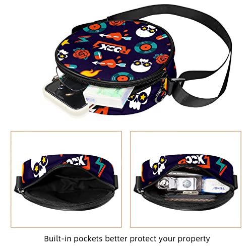 Skull Rock Crossbody Bag for Women Teen Girls Round Canvas Shoulder Bag Purse Tote Handbag Bag