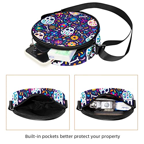 Skull Design Crossbody Bag for Women Teen Girls Round Canvas Shoulder Bag Purse Tote Handbag Bag