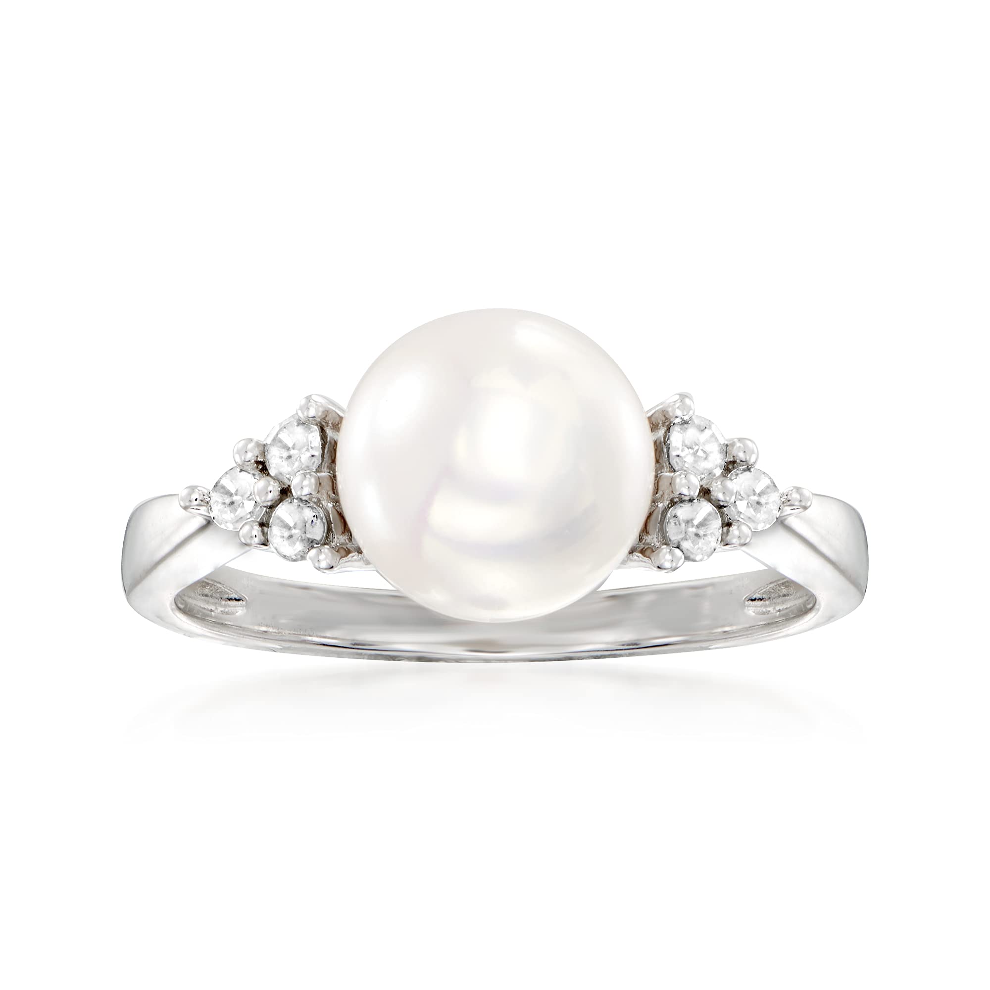 Ross-Simons 7.5-8.5mm Cultured Pearl and .13 ct. t.w. Diamond Ring in Sterling Silver. Size 7