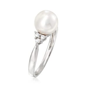 Ross-Simons 7.5-8.5mm Cultured Pearl and .13 ct. t.w. Diamond Ring in Sterling Silver. Size 7