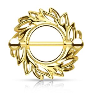 pair of leaves tribal nipple shield ring 14k gold plated surgical steel barbell - gold