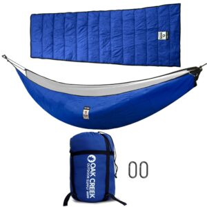 oak creek hidden ridge underquilt/topquilt bundle. full length, lightweight for hammock camping. 3-4 seasons, 240t rip-stop nylon shell. includes carabiners and compression sack. weighs 3.4 lbs.