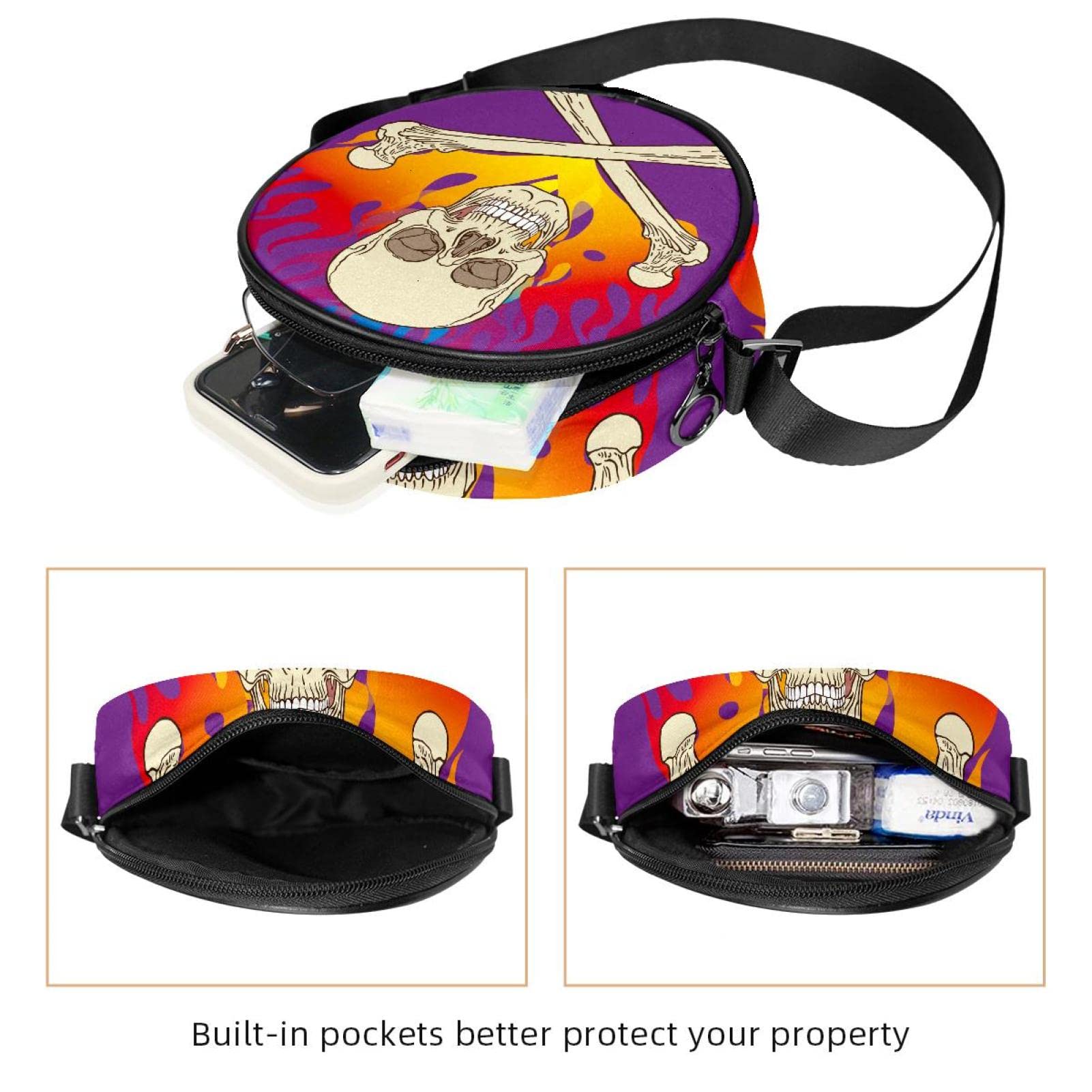 Skull Flame Purple Crossbody Bag for Women Teen Girls Round Canvas Shoulder Bag Purse Tote Handbag Bag