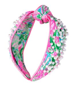 lilly pulitzer colorful knotted pearl headband, wide satin headband, cute embellished hair accessories for women & girls, coming in ho