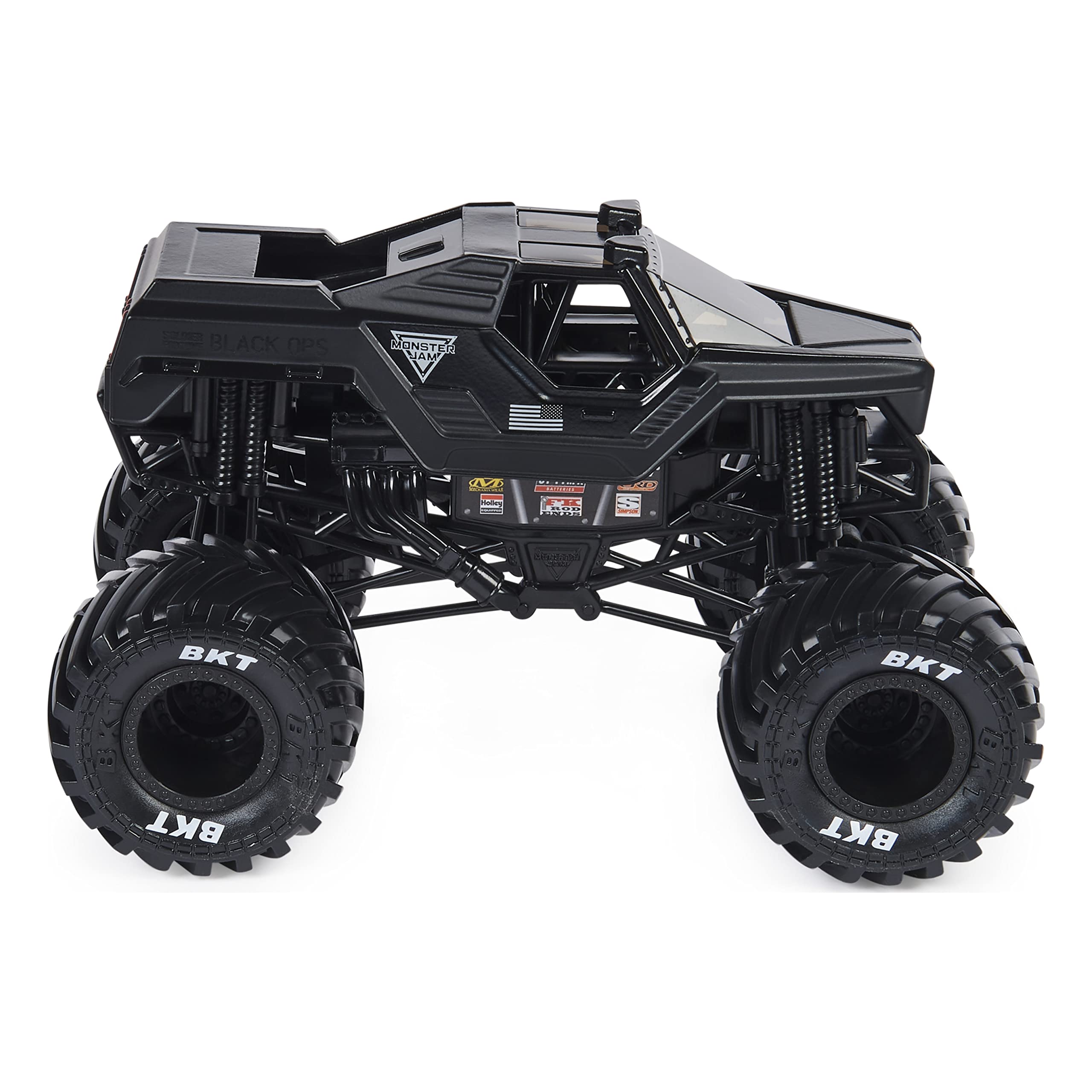 Monster Jam Official Soldier Fortune Truck, Retro Soldier Fortune Black Ops Collector 1:24 Scale Die-Cast Vehicle - Chrome Rims & BKT Tread Tires, Use In All Playsets - Collectible For Fans & Birthday