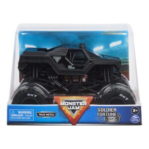 monster jam official soldier fortune truck, retro soldier fortune black ops collector 1:24 scale die-cast vehicle - chrome rims & bkt tread tires, use in all playsets - collectible for fans & birthday