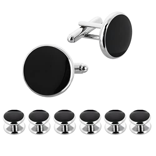 Yolev Mens Cufflinks and Studs Set Tuxedo Shirts Cuff links Black Onyx Cufflinks for Men, Classic Tuxedo Buttons Match for Business Wedding Formal Suit