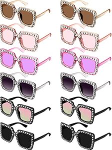 12 pairs crystal oversized sunglasses rhinestone square diamond sunglasses frame retro sparkling glasses for women men(bright colors)