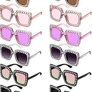 12 Pairs Crystal Oversized Sunglasses Rhinestone Square Diamond Sunglasses Frame Retro Sparkling Glasses for Women Men(Bright Colors)