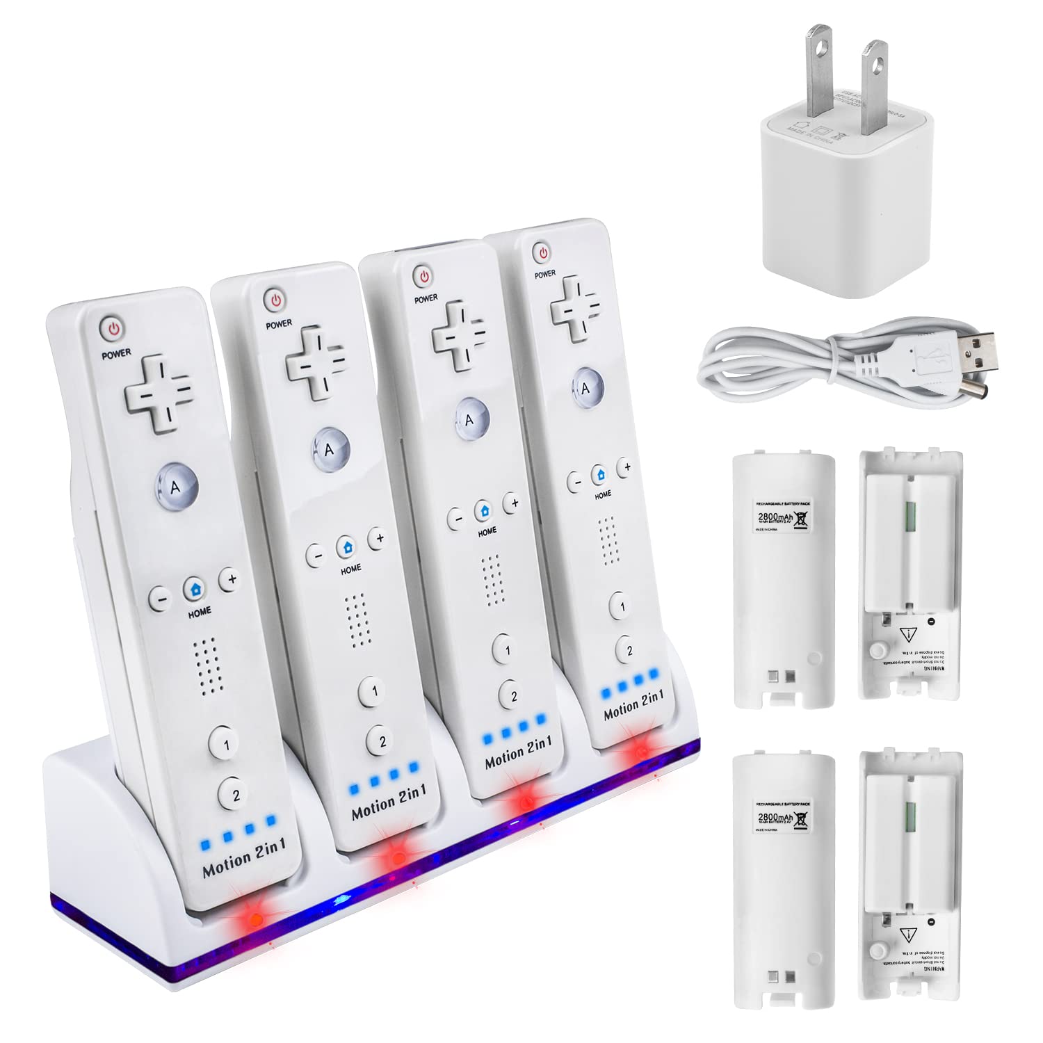 Upgraded Wii Remote Controller Covanm 4 Port Wii Charging Station with 4 Rechargeable Battery for Wii (4 Port Charging Station+4 Replacement Batteries+USB Cable+Free USB Wall Charger