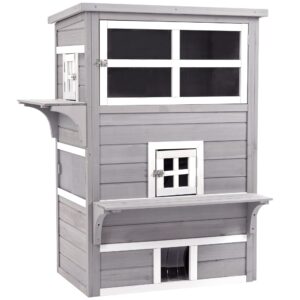 pawhut 3-story cat house feral cat shelter, outdoor kitten condo with raised floor, asphalt roof, escape doors, jumping platforms, gray