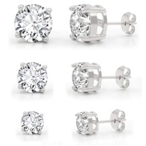 925 sterling silver uninsex 3mm - 10mm round clear cubic zirconia cz rhodium stud earrings, giorgio bergamo (6,8,10mm)