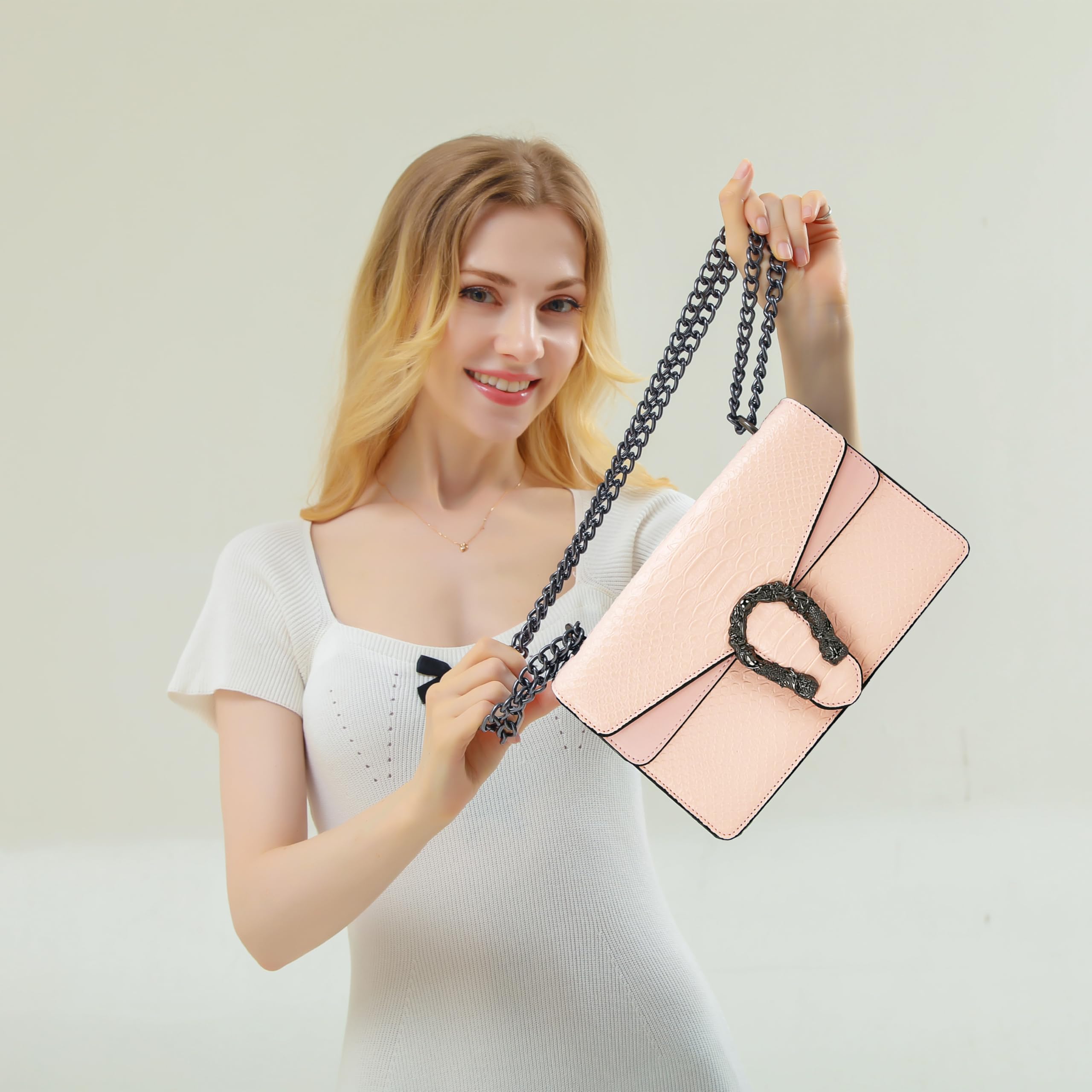 DEEPMEOW Crossbody Shoulder Evening Bag for Women - Snake Printed Leather Messenger Bag Chain Strap Clutch Small Square Satchel Purse（Pink）