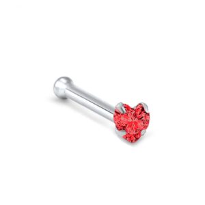 14k White Gold Nose Bone Ring 3mm Red Heart CZ 22G