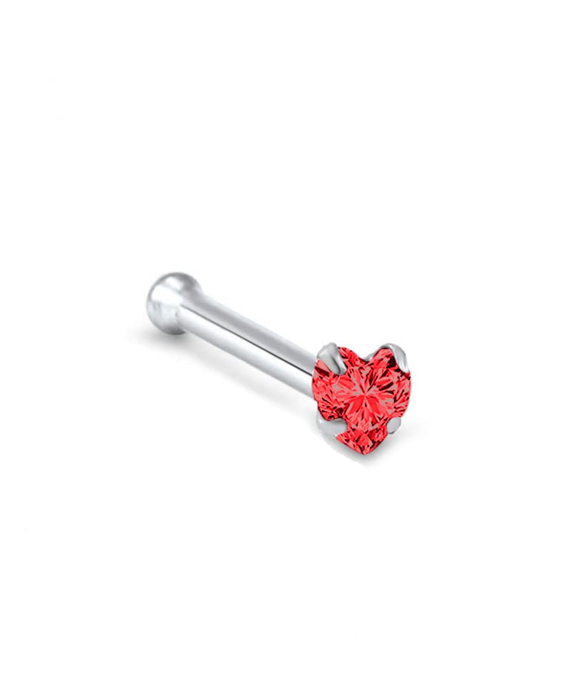 14k White Gold Nose Bone Ring 3mm Red Heart CZ 22G