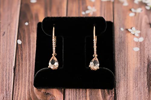 KOKAV 14K Rose Gold Genuine Morganite 1-1/10Ct Teardrop Dangle Earrings with Diamonds.