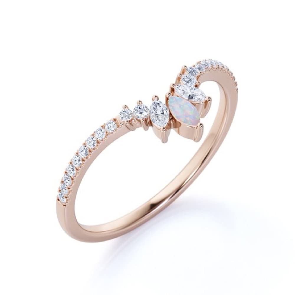 Rosie Collection Marquise Shaped Created Opal & CZ 14K Rose Gold Plated Sterling Silver V Shaped Crown Dainty Curved Wedding Band Ring 7