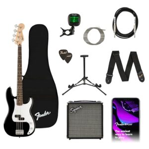 squier by fender bass guitar kit, with 2-year warranty, laurel fingerboard, black, poplar body, includes rumble 15g amp, padded guitar bag, cable, guitar strap, and more