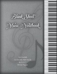 blank sheet music notebook: music note cover, 12 staves , music manuscript paper, staff paper,musicians notebook, vintage sheet music cover