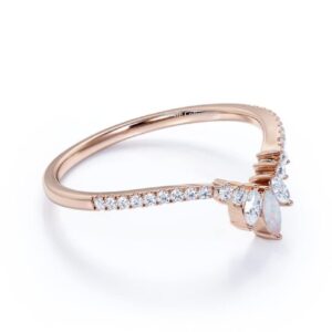 Rosie Collection Marquise Shaped Created Opal & CZ 14K Rose Gold Plated Sterling Silver V Shaped Crown Dainty Curved Wedding Band Ring 7