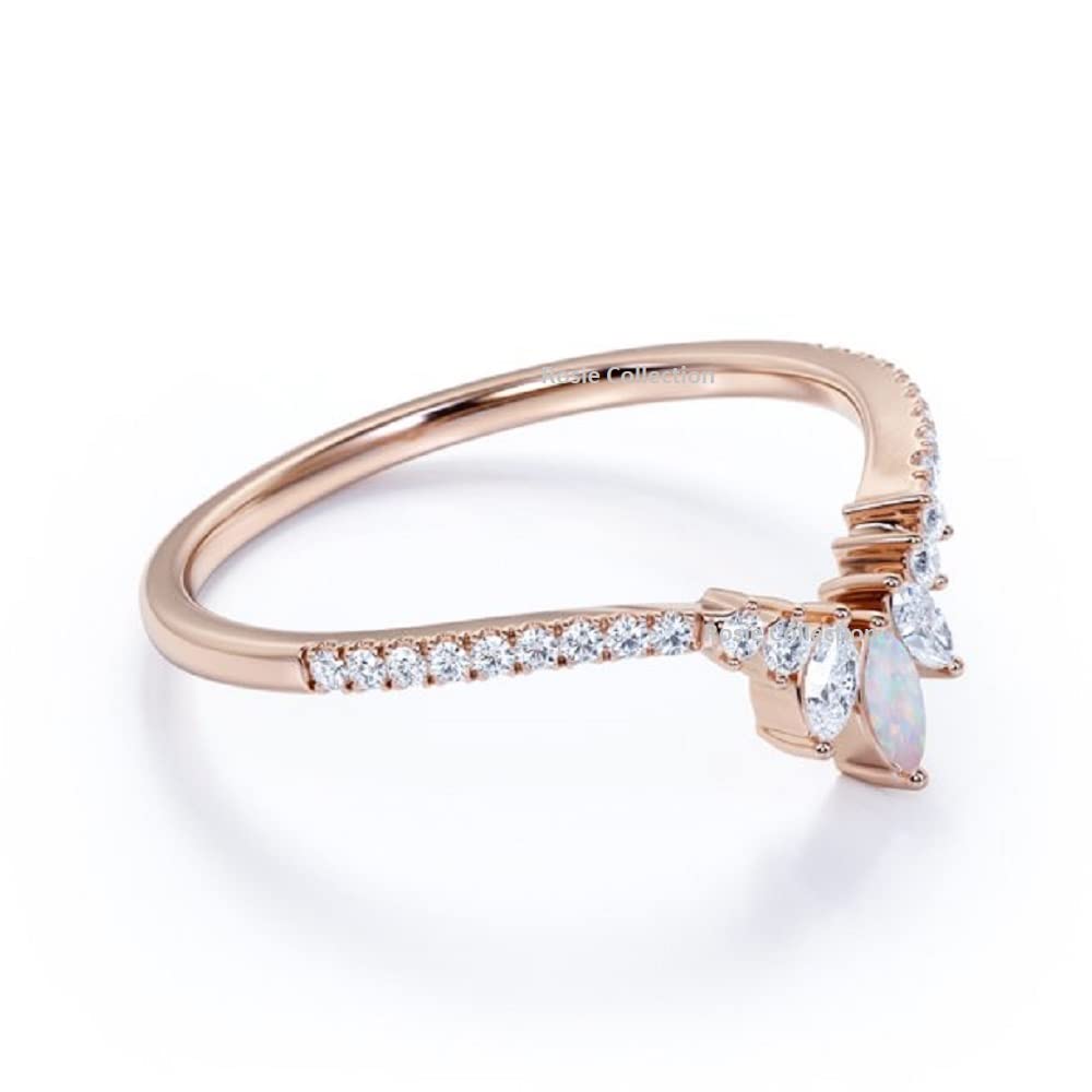 Rosie Collection Marquise Shaped Created Opal & CZ 14K Rose Gold Plated Sterling Silver V Shaped Crown Dainty Curved Wedding Band Ring 7