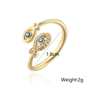 Double Fish Blue Evil Eye Wrap Open Rings 18K Gold Plated Sparkly Cubic Zirconia Good Luck Statement Adjustable Stacking Middle Tail Finger Thin Ring for Women Symbol of Protection Talisman Amulet Lucky Jewelry Fashion CZ Gifts for Mom