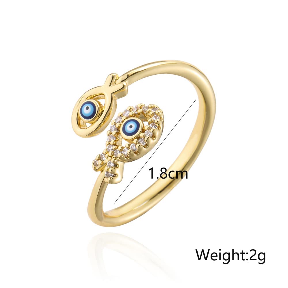 Double Fish Blue Evil Eye Wrap Open Rings 18K Gold Plated Sparkly Cubic Zirconia Good Luck Statement Adjustable Stacking Middle Tail Finger Thin Ring for Women Symbol of Protection Talisman Amulet Lucky Jewelry Fashion CZ Gifts for Mom