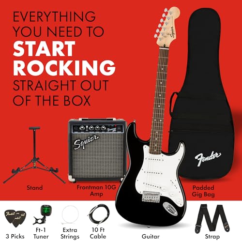 Stratocaster Electric Guitar Kit with Amp, Bag, Strap - Fender Squier, Poplar Body, Laurel Fingerboard