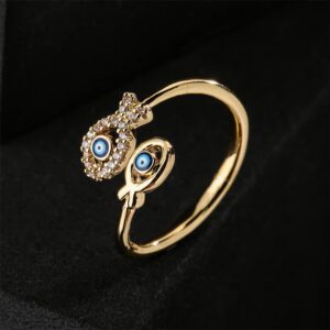 Double Fish Blue Evil Eye Wrap Open Rings 18K Gold Plated Sparkly Cubic Zirconia Good Luck Statement Adjustable Stacking Middle Tail Finger Thin Ring for Women Symbol of Protection Talisman Amulet Lucky Jewelry Fashion CZ Gifts for Mom