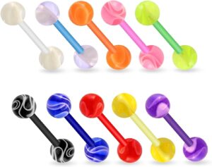 20 pc (10 pairs) uv marble flexible bar tongue rings, nipple barbells no metal