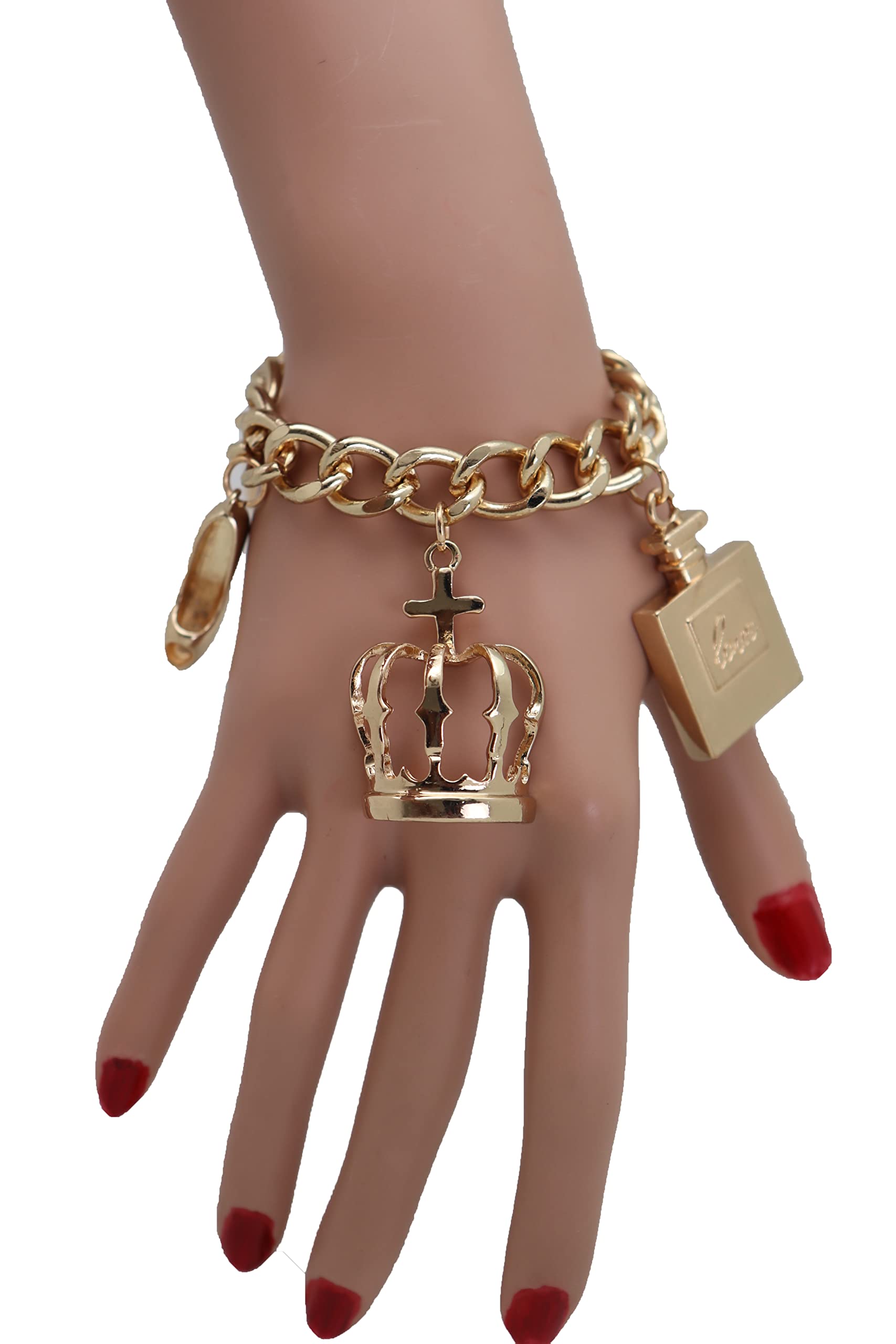 TrendyFashionJewelry Women Gold Queen Crown Bracelet - Metal Chain Fashion Lipstick Perfume Infinity Shoe Charm