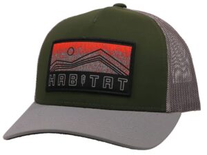 hooey habitat in green and grey five panel trucker with black orange and grey rectangle patch 6012tgrgy