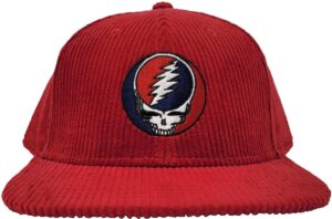 ripple junction grateful dead embroidered steal your face hat syf stealie logo red corduroy retro vintage adjustable flat bill baseball cap