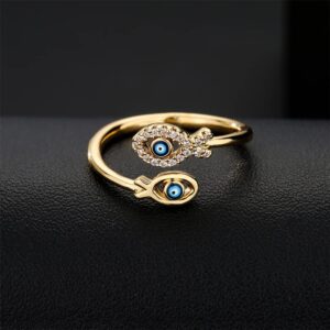 Double Fish Blue Evil Eye Wrap Open Rings 18K Gold Plated Sparkly Cubic Zirconia Good Luck Statement Adjustable Stacking Middle Tail Finger Thin Ring for Women Symbol of Protection Talisman Amulet Lucky Jewelry Fashion CZ Gifts for Mom