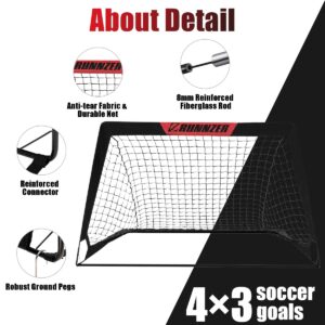 L RUNNZER Kids Soccer Goals Set of 2, Soccer Nets for Backyard Practice or Indoor Games, Easy Assembly and Storage with Carry Case,4ft*3ft,2 Set Black