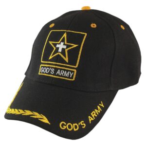 gods army black canvas baseball cap with embroidery | one size fits all | hook & loop closure | 100% cotton | adjustable velcro band in back | 6 panel hat w/ 6 eyelets