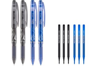 pilot frixion point erasable & refillable gel ink pens, extra fine point, blue ink, 2 black and 2 blue pens, and 3 black and 3 blue refills,