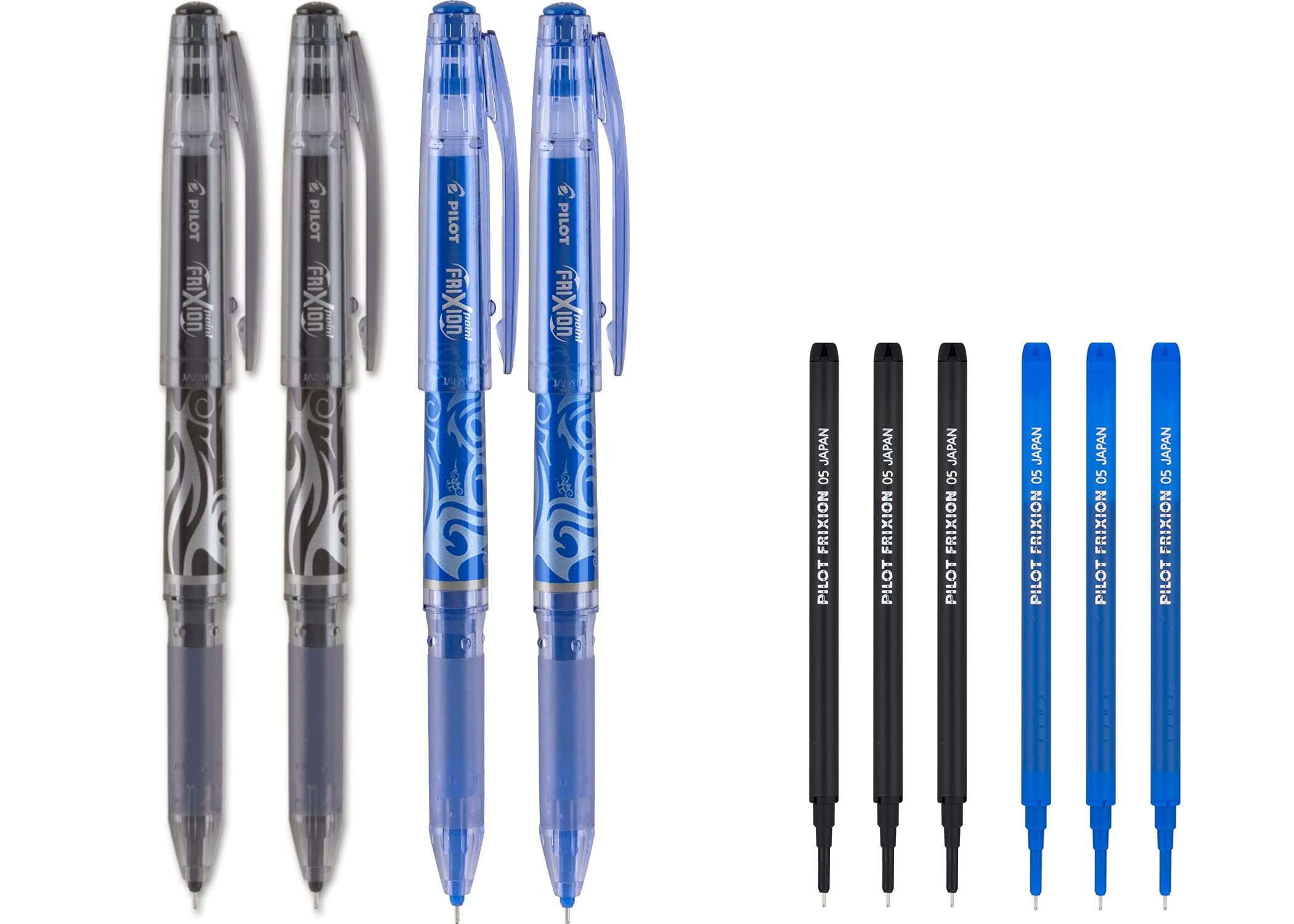 PILOT FriXion Point Erasable & Refillable Gel Ink Pens, Extra Fine Point, Blue Ink, 2 Black and 2 Blue Pens, and 3 black and 3 Blue Refills,