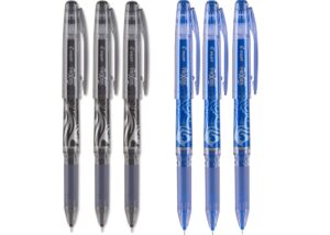 pilot frixion point erasable & refillable gel ink pens, extra fine point, blue ink, 3 black and 3 blue