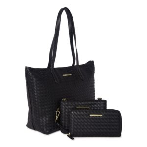 time and tru women's woven faux leather 3-piece handbag set tote, wristlet and wallet (black woven)