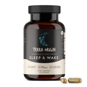 terra origin healthy sleep & wake. restful sleep and awake refreshed. non-gmo, vegan, gluten free | 5mg melatonin, l-tryptophan, gaba, chamomile, valerian, passionflower - 60 capsules